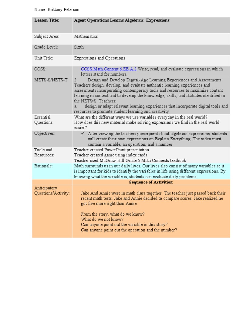 Algebraic Expressions Lesson Plan | PDF | Lesson Plan | Teaching ...