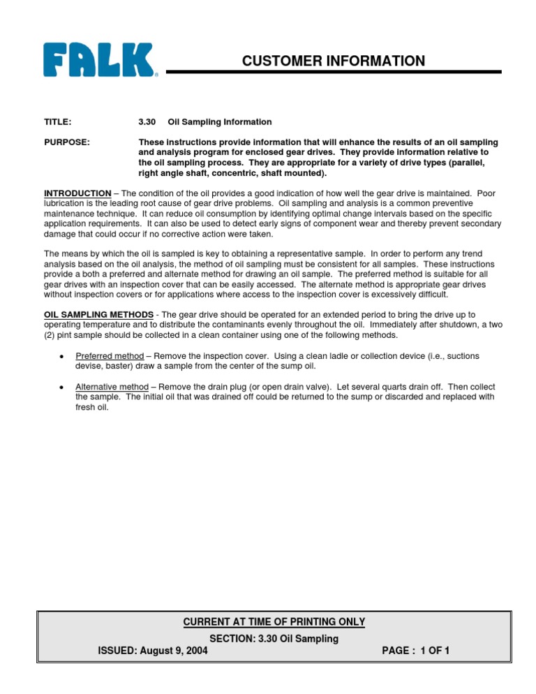 Oil Sampling Procedure for Gear Drives | PDF