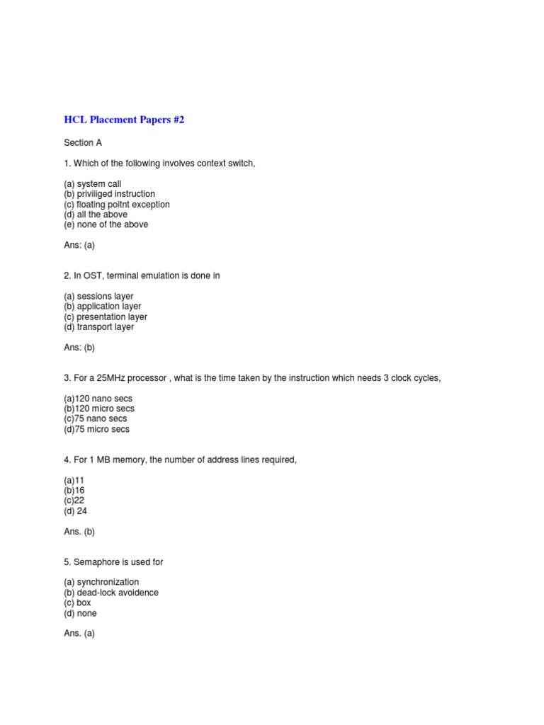 Hcl Placement Papers C Programming Language Computer Architecture 1231