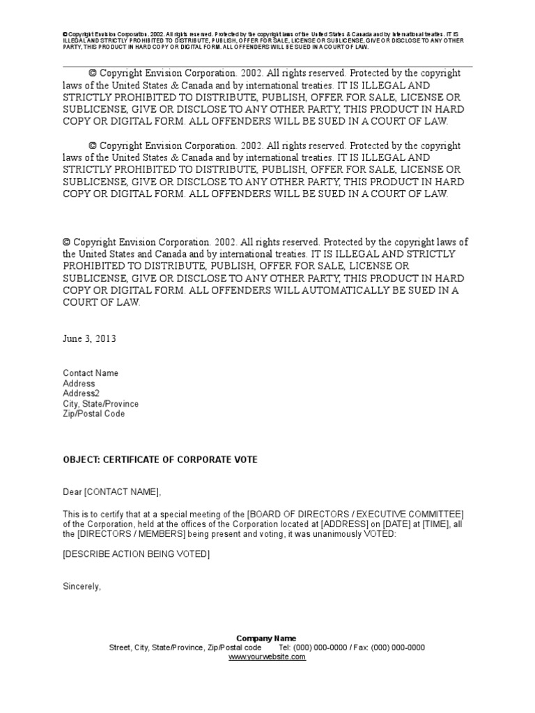 Certificate of Corporate Vote | PDF | Law
