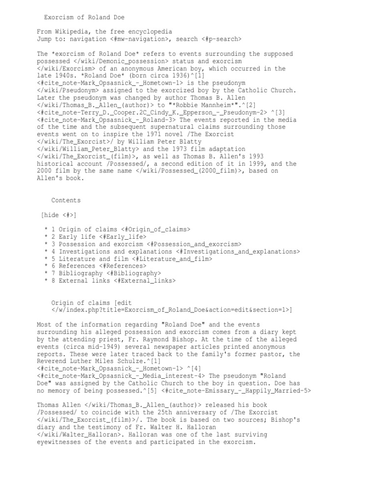 The Alleged Possession and Exorcism of Roland Doe: An Analysis of the ...