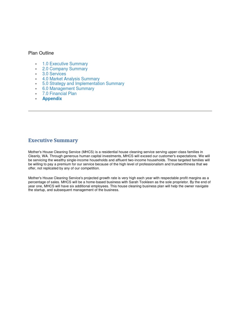 Business Plan for Residential Cleaning Service | PDF | Balance Sheet ...