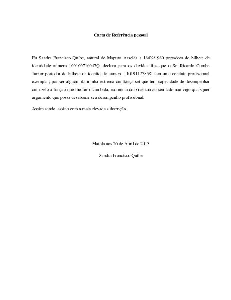 Carta de recomendação pessoal para Ricardo Cumbe Junior destacando sua ...