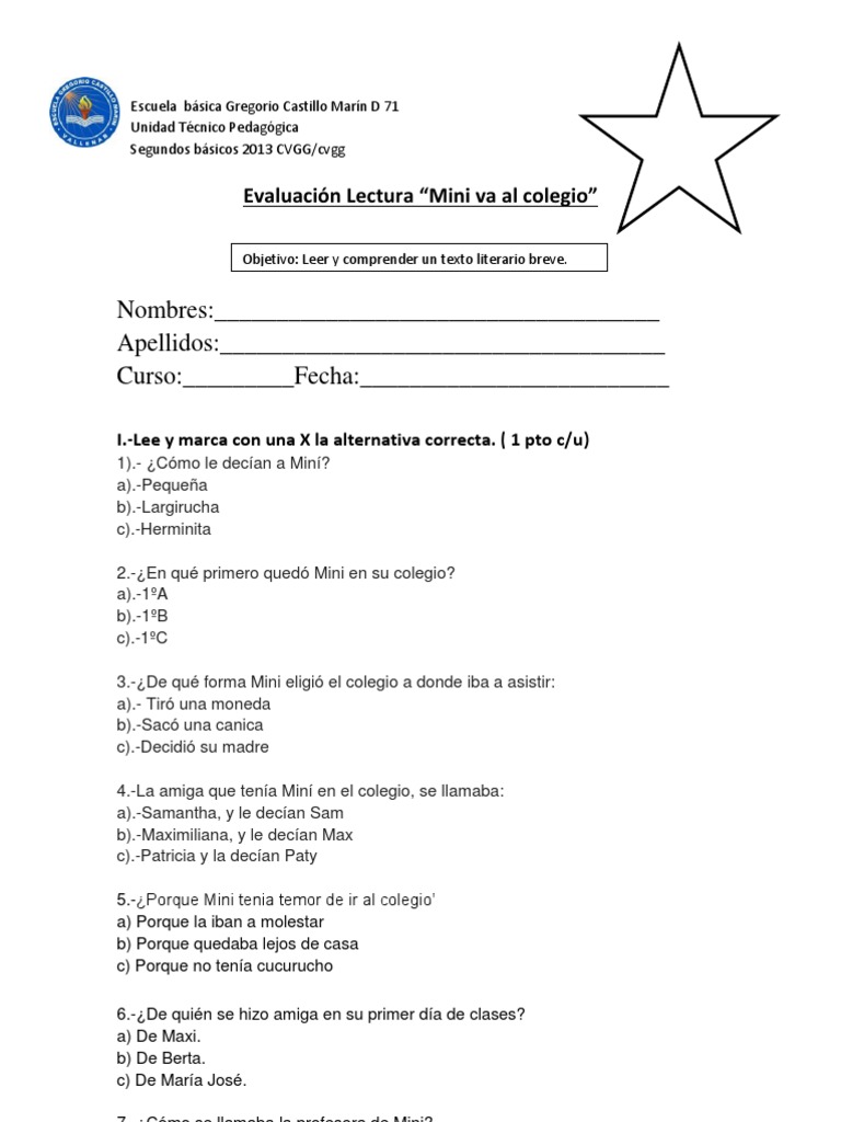 Evaluación Lectura Mini Va Al Colegio | PDF | Ciencias sociales ...