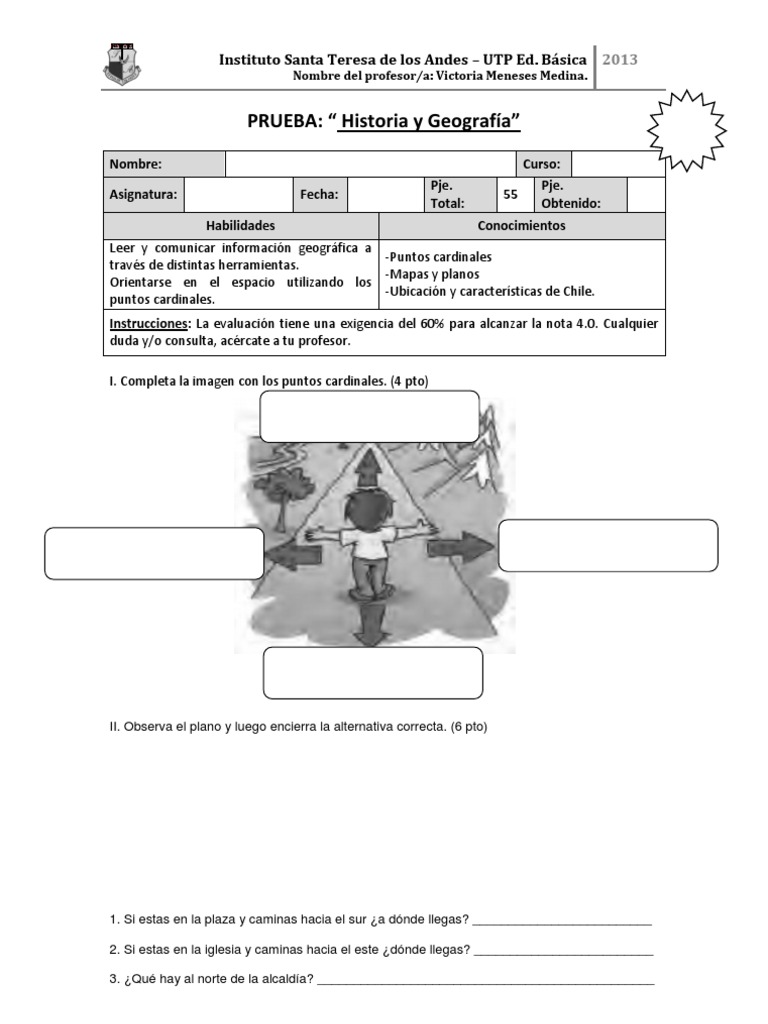 Prueba de Puntos Cardinales 2° y 3° Básico | PDF | Chile | Mapa