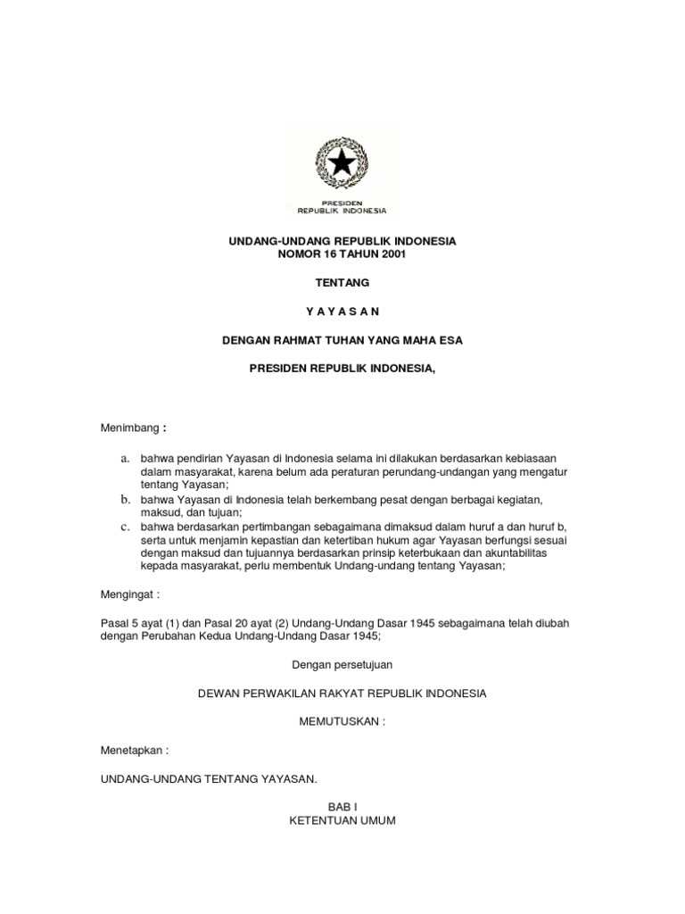 UU No. 16 Tahun 2001 Tentang Yayasan | PDF