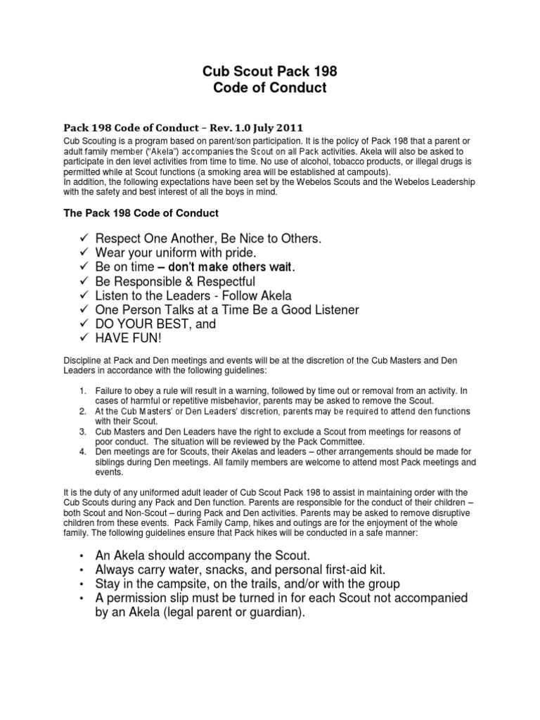 Pack 198 Code of Conduct | PDF | Organizations Of Children | Youth ...