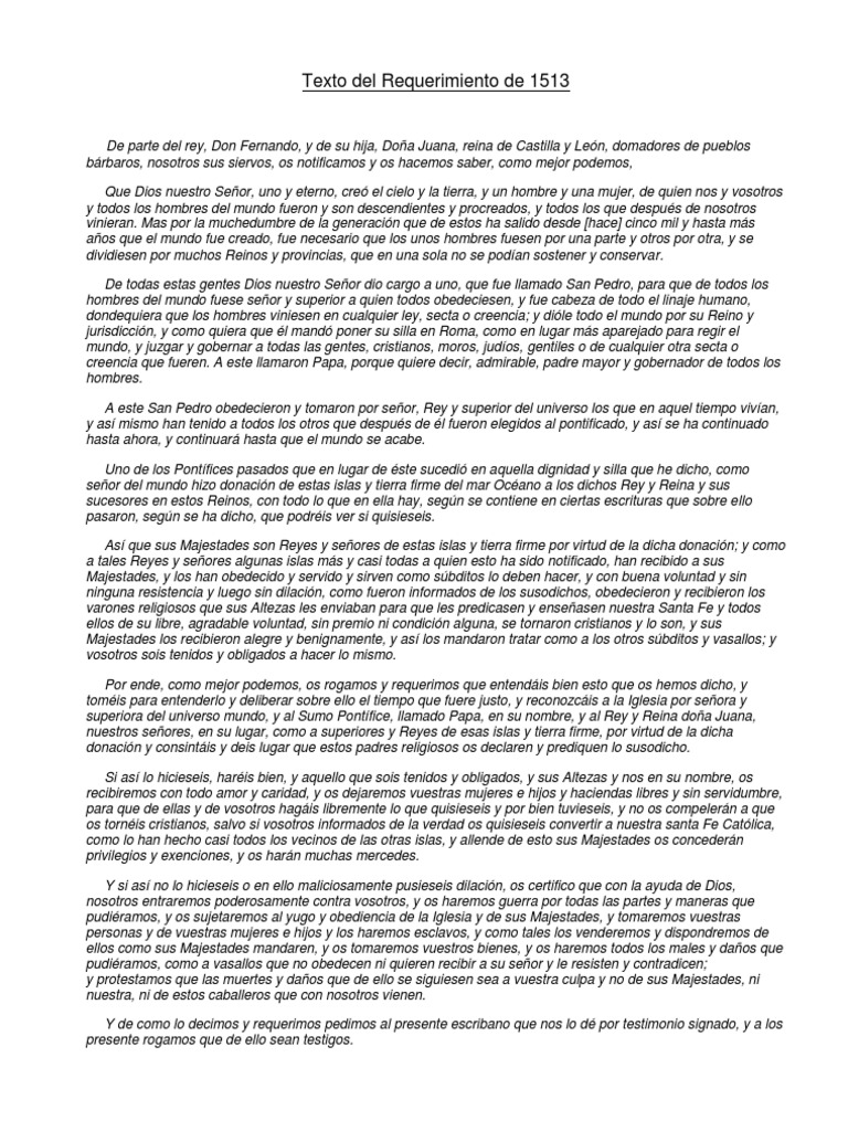 Texto Del Requerimiento de 1513 | PDF | Papa | Monarca