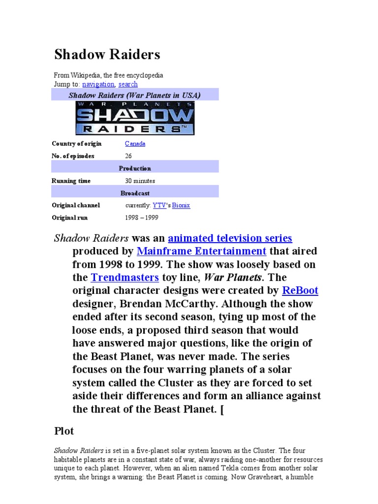 Shadow Raiders | PDF | Television | Entertainment (General)