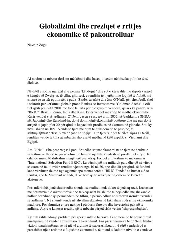 Globalizimi Dhe Rreziqet e Rritjes Ekonomike Të Pakontrolluar | PDF