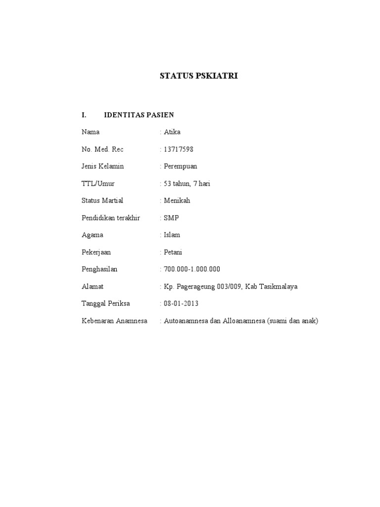 Contoh Status Pasien Jiwa | PDF | Gaya Hidup