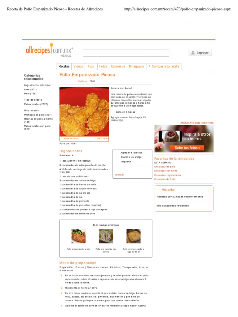 Receta de Pollo Empanizado Picoso - Recetas de Allrecipes | PDF ...