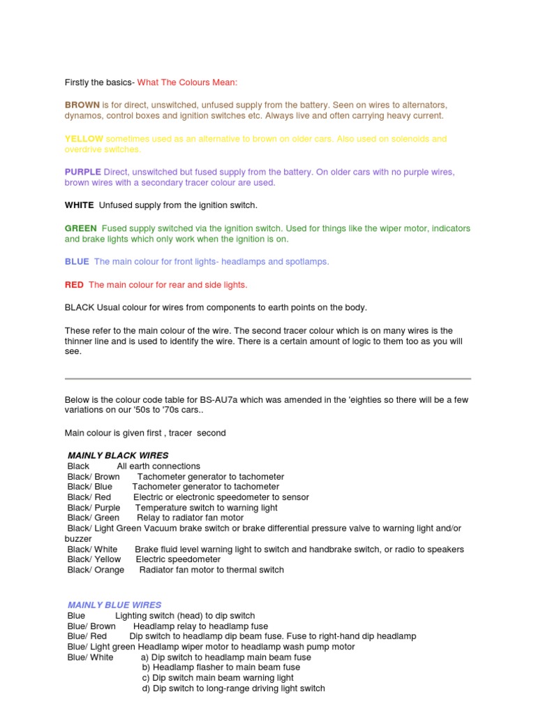 Lucas Wiring Colour Codes Explained | PDF | Switch | Relay