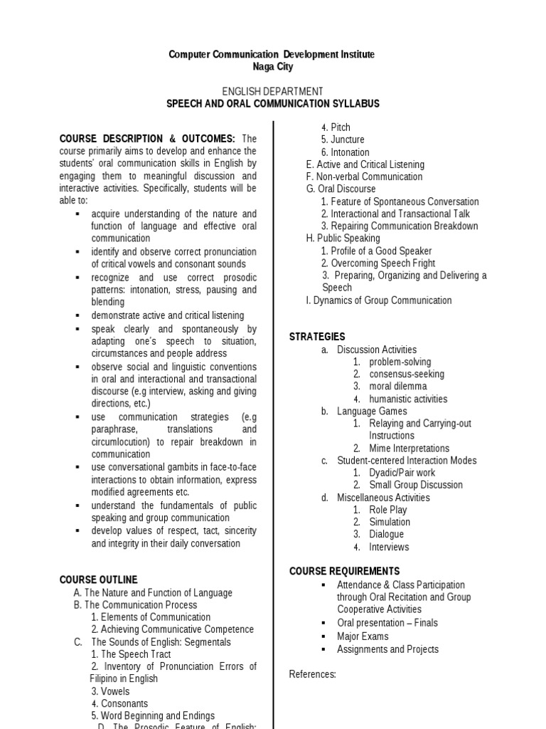 Speech and Oral Communication Syllabus | PDF | Speech | Human Voice