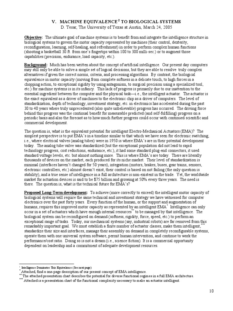 V. Machine Equivalence To Biological Systems: D. Tesar, The University ...