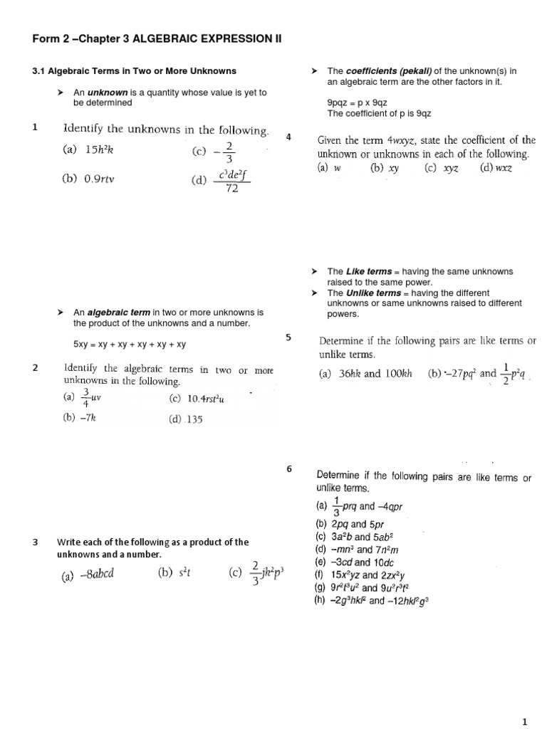 Form 2 Math Ch3 Algebraic | PDF