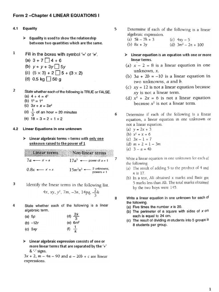 Form 2 Math Chapter 4 Linear Equation | Equations | Elementary Mathematics