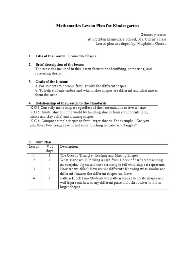 Mathematics Lesson Plan For Kindergarten: 1. Title of The Lesson ...