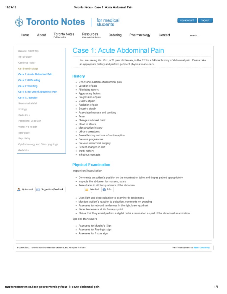Toronto Notes - Case 1 - Acute Abdominal Pain | PDF