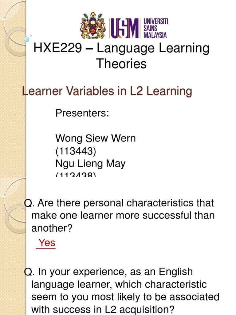 Hxe229 Language Learning Theories Learner Variables In L2 Learning Download Free Pdf