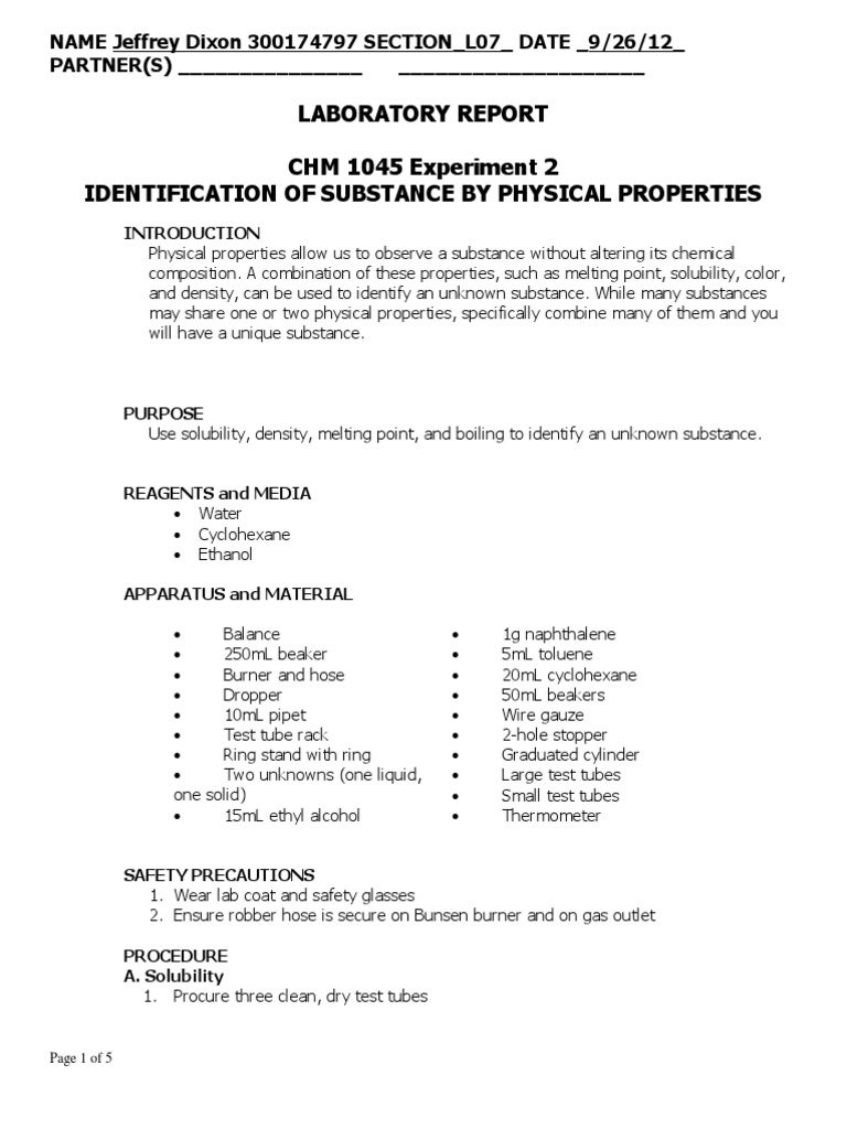 Laboratory Report CHM 1045 Experiment 2 Identification of Substance by ...