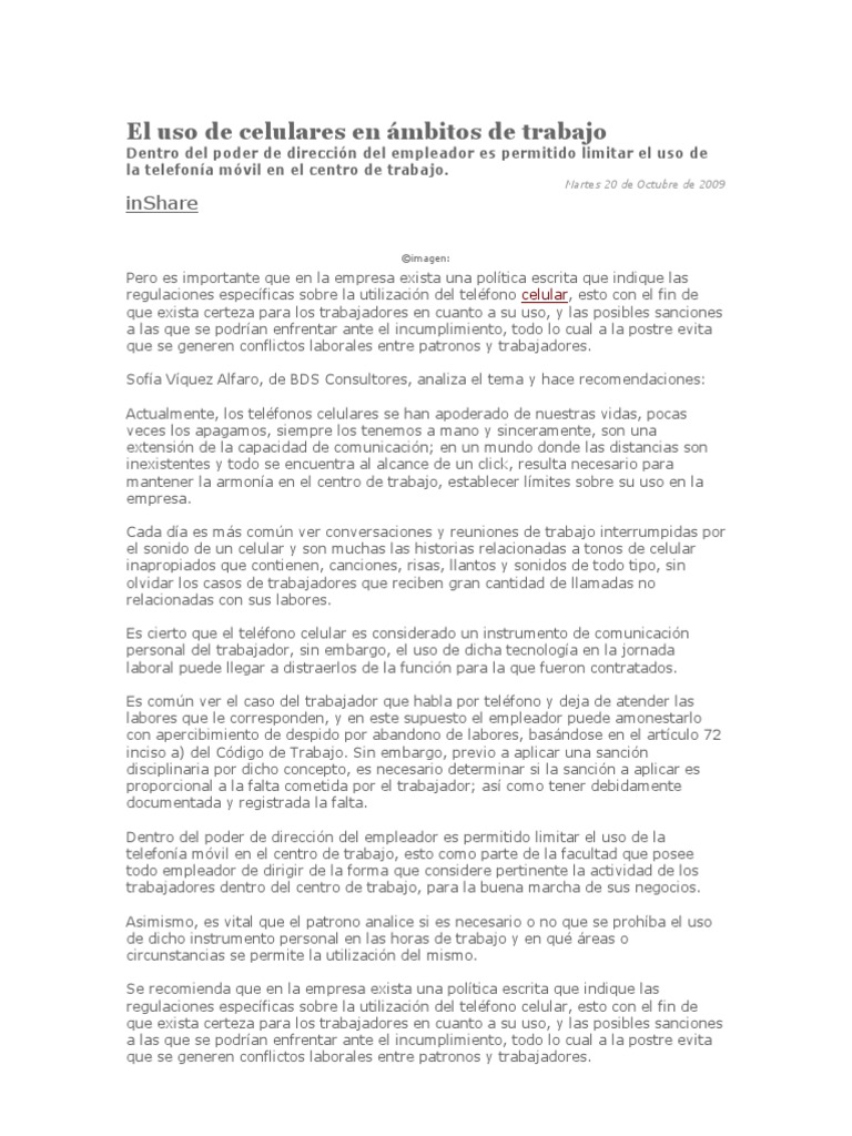 El Uso de Celulares en Ámbitos de Trabajo | PDF | Telefonía móvil ...