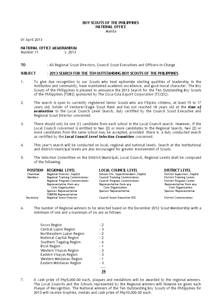 NO Memo No. 11 S. 2013 2013 Search For The Ten Outstanding Boy Scouts ...