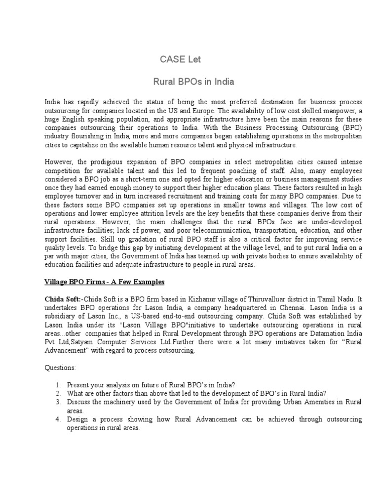 Case Let Rural Bpos in India | PDF | Business Process Outsourcing | Outsourcing