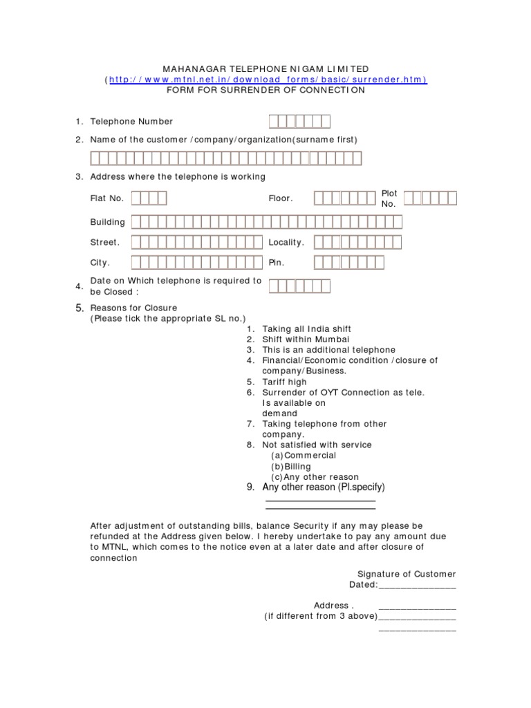Surrender For MTNL Disconnection | PDF