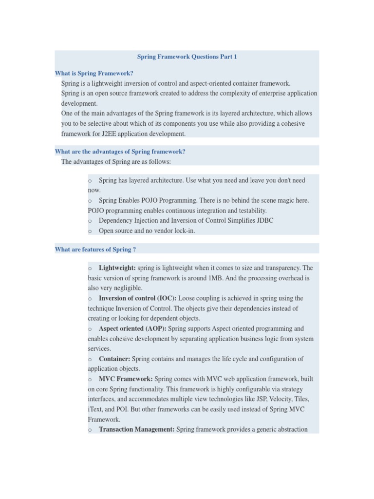 Spring Framework Questions Part 1 What Is Spring Framework? | PDF ...