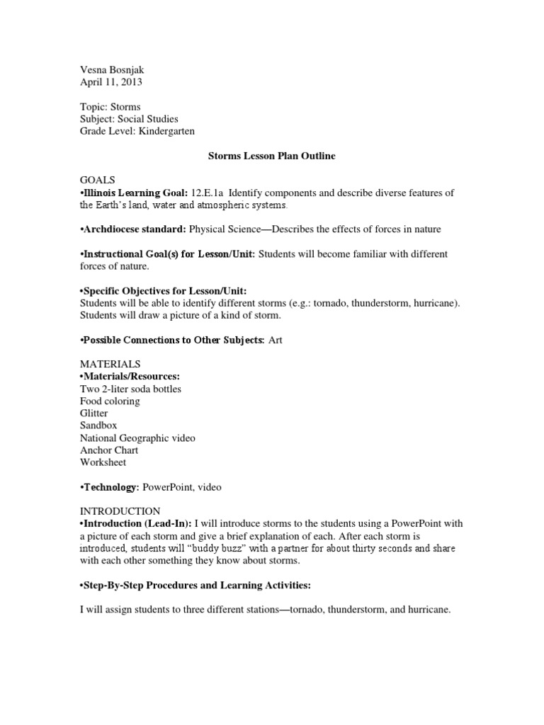 Kindergarten Storms Lesson Plan | PDF | Tornadoes | Lesson Plan