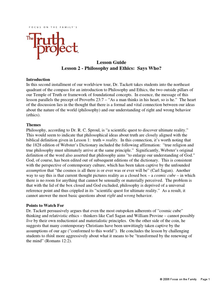 The Truth Project - 02 - Philosophy & Ethics | PDF | Truth | World View