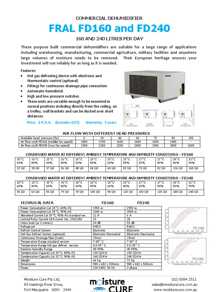Fral FD160 and FD240 Spec Sheet | PDF | Humidity | Mechanical Fan