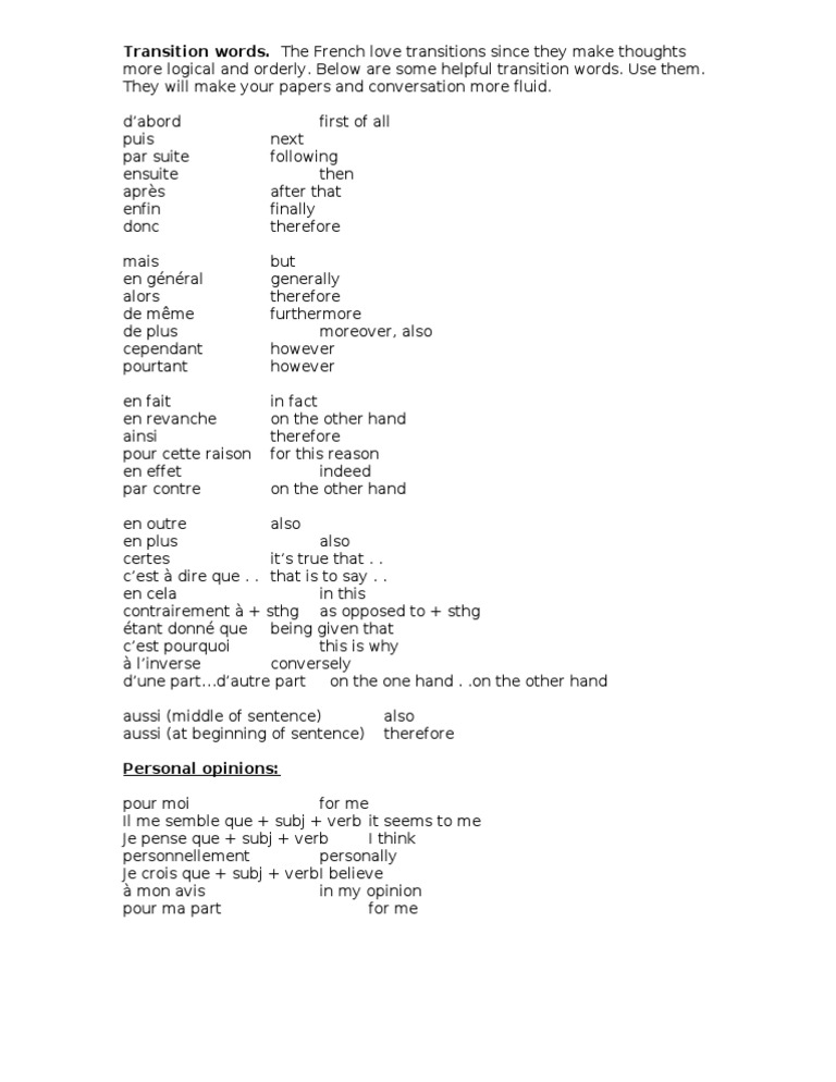 Transition Words. The French Love Transitions Since They Make Thoughts ...