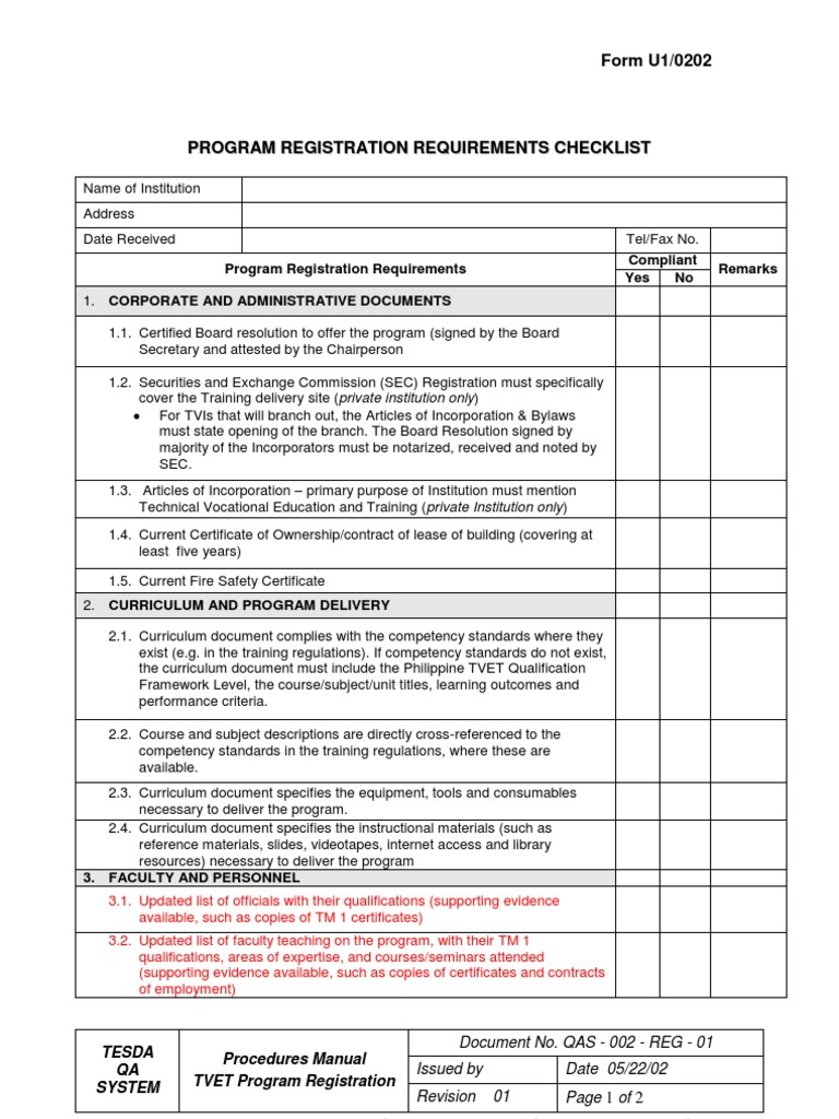 TESDA ESL Program Registration Requirements Checklist | PDF ...