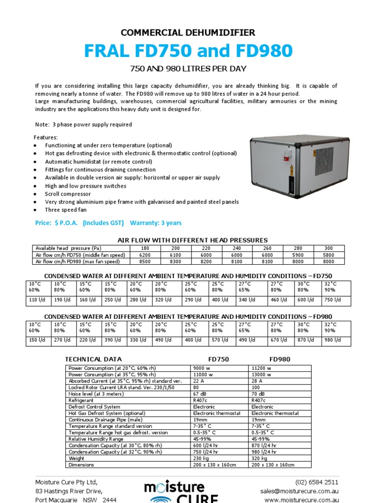 Fral FD750 and FD980 Spec Sheet | PDF | Mechanical Fan | Humidity