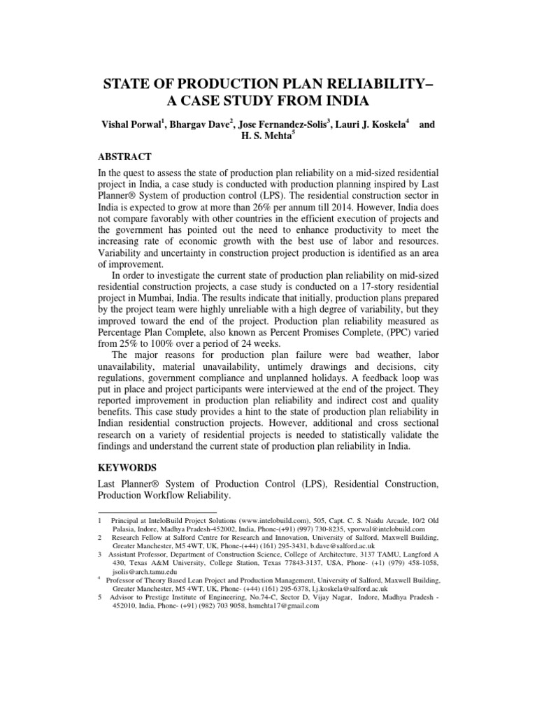 State of Production Plan Reliability - A Case Study From India | PDF ...