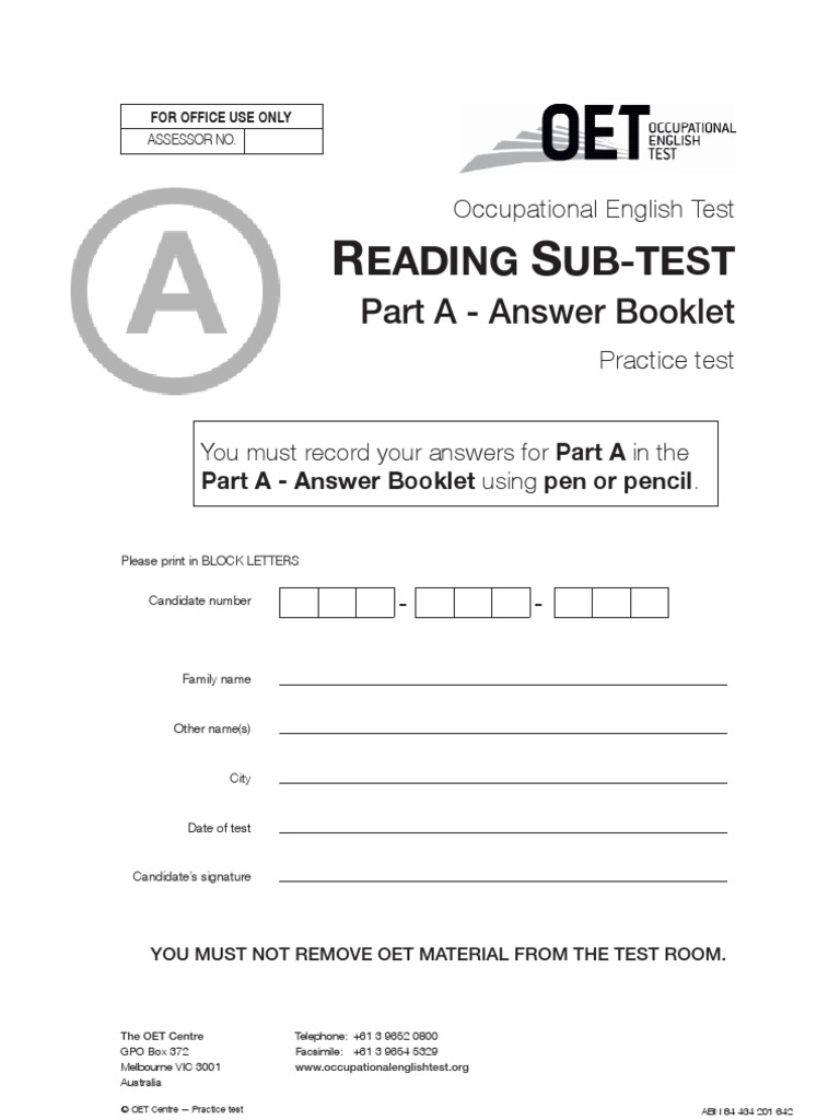 Reading Part A - Answer Booklet | PDF | Medicine | Health Sciences