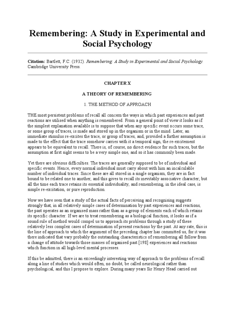 Remembering: A Study in Experimental and Social Psychology | Download ...