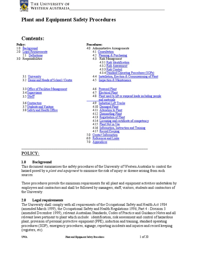 Plant and Equipment Safety Procedures | PDF | Safety | Personal ...