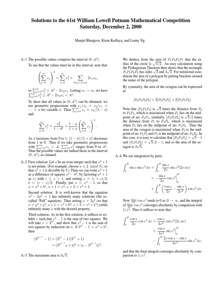 Solutions To The 61st William Lowell Putnam Mathematical Competition ...
