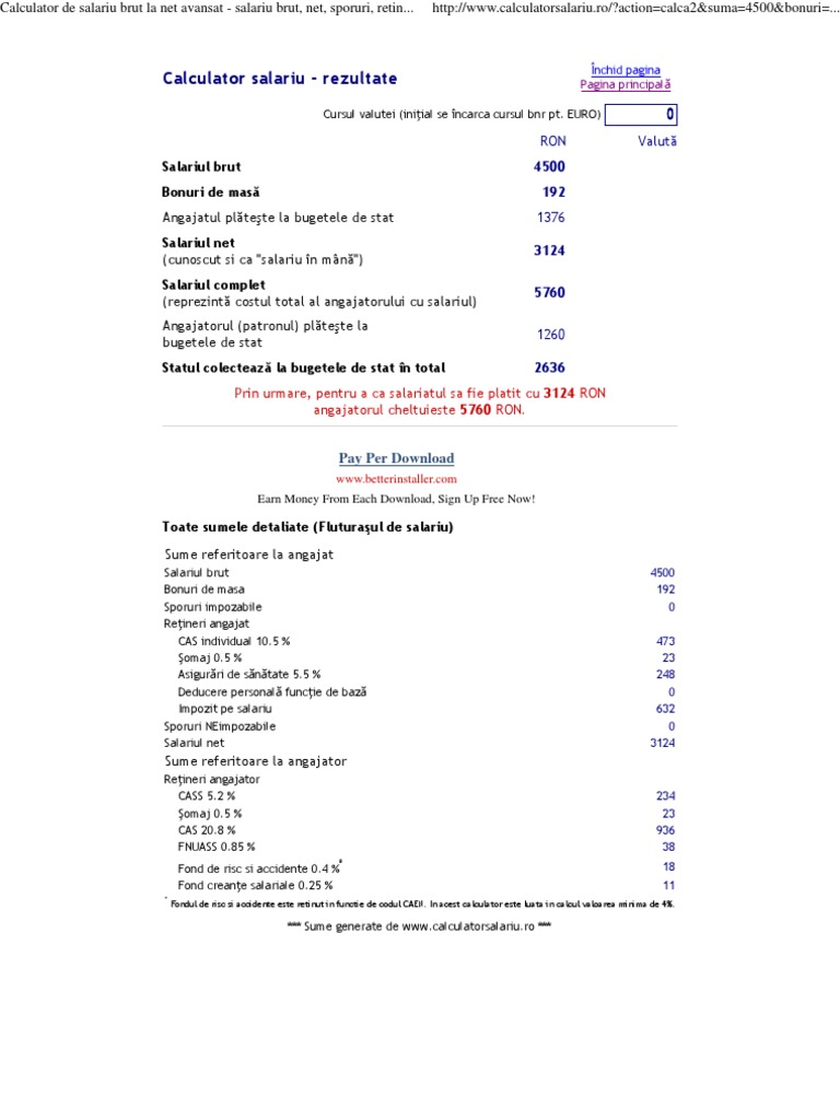 Calculator de Salariu Brut La Net Avansat Salariu Brut Net Sporuri Retineri Angajat Retineri Angajator Salariu Complet PDF