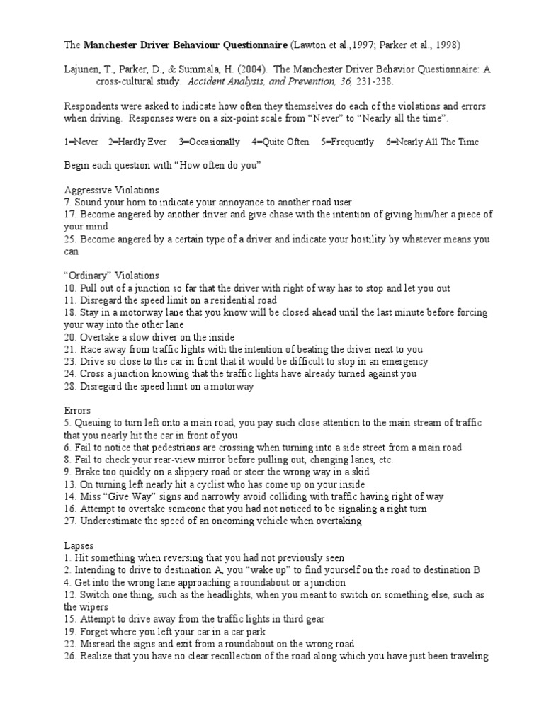 The Extended Driver Behavior Questionnaire | PDF | Traffic | Traffic Light