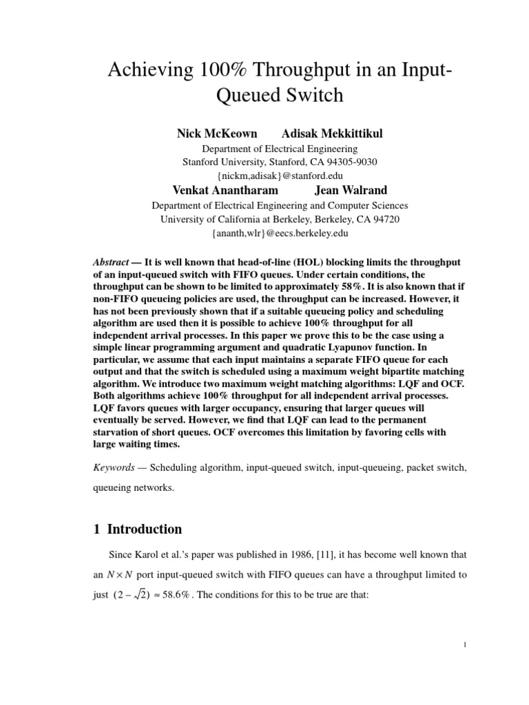 Achieving 100% Throughput in An Input-Queued Switch | PDF | Matrix ...