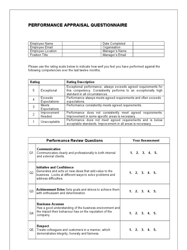 Performance Questionnaire | Competence (Human Resources) | Goal | Free ...