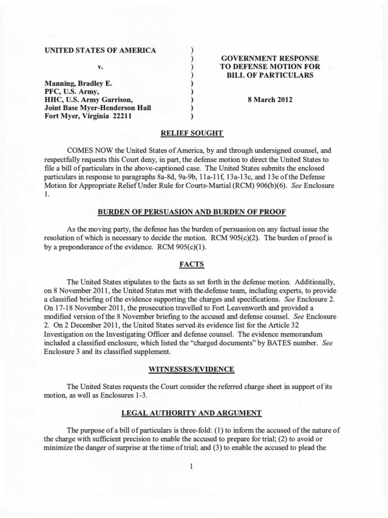 AE 14 Prosecution Response To Defense Motion For Bill of Particulars PDF | Download Free PDF ...