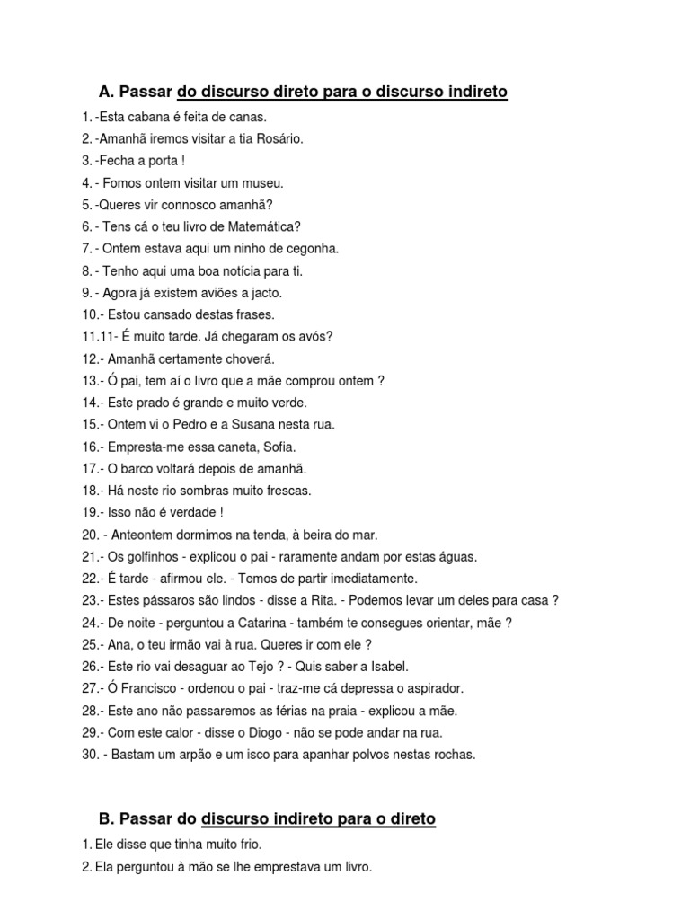 Ficha Discurso Indireto e Direto 6º Ano | PDF