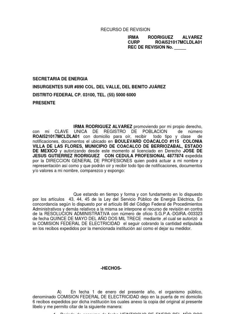 Modelo de Recurso de Revisión Administrativa | PDF | Caso de ley ...