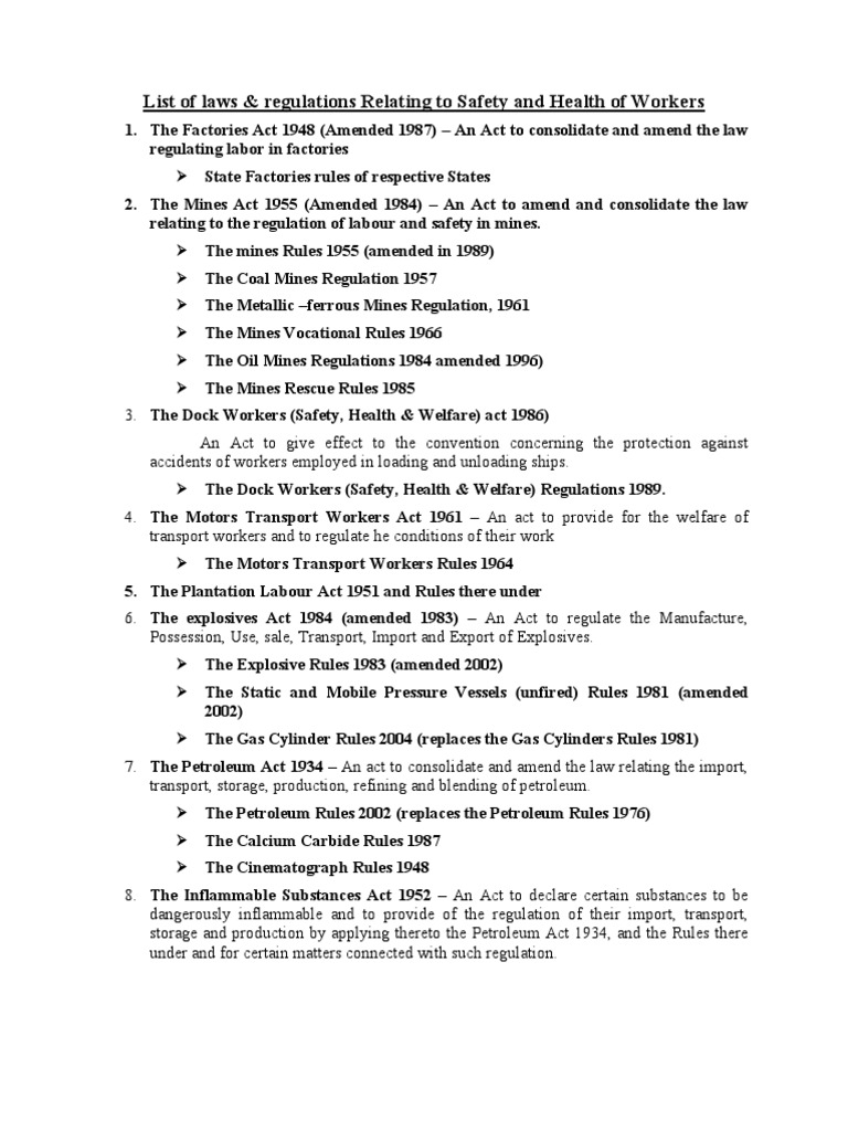 List of Laws & Regulations Relating To Safety and Health of Workers ...