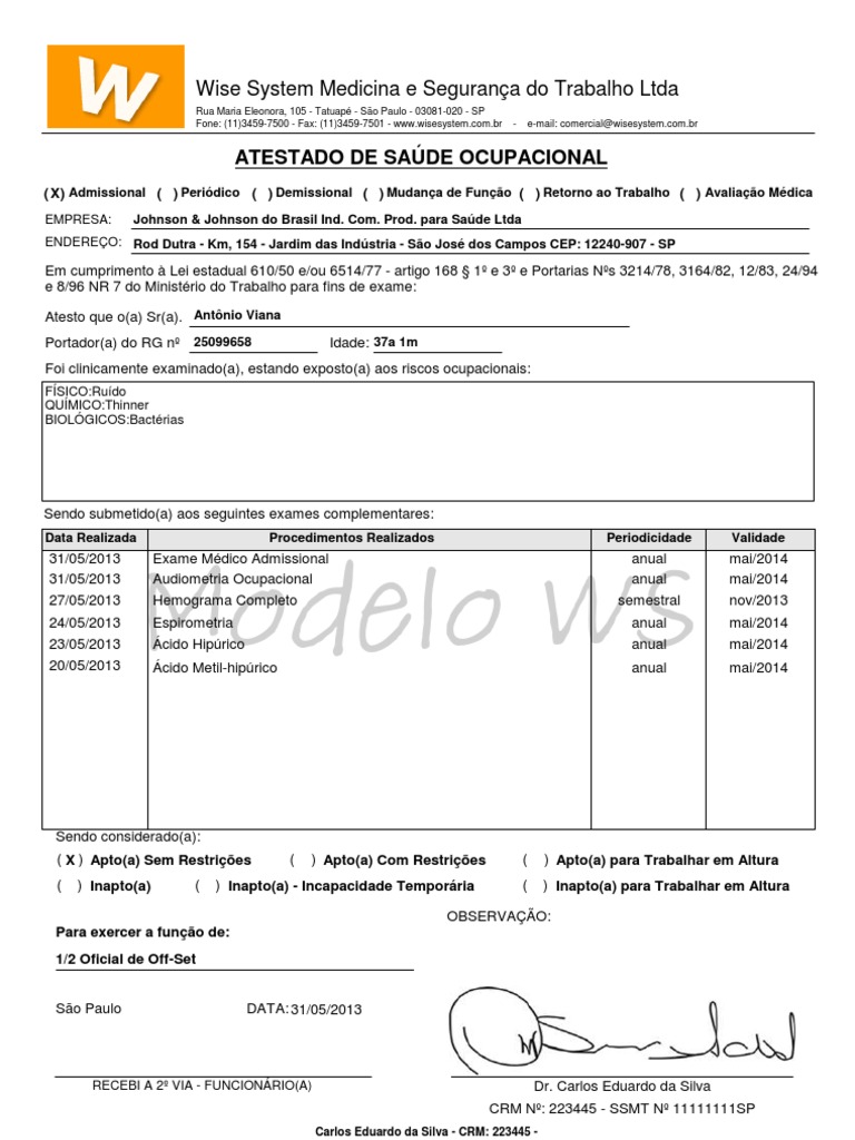 ASO - Atestado de Saúde Ocupacional (Modelo Sigo)